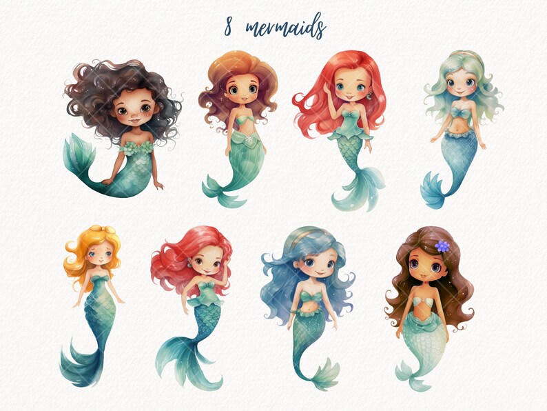 Watercolor Mermaids Clipart Set, Cute Sea Animals Images Bundle ...