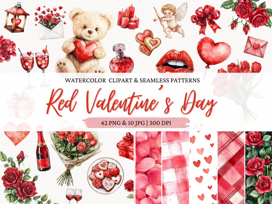 Valentines Day Watercolor Clipart Bundle, Love PNG, Romantic Clip Art ...
