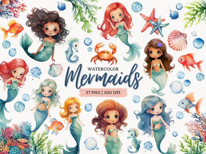Watercolor Mermaids Clipart Set, Cute Sea Animals Images Bundle ...