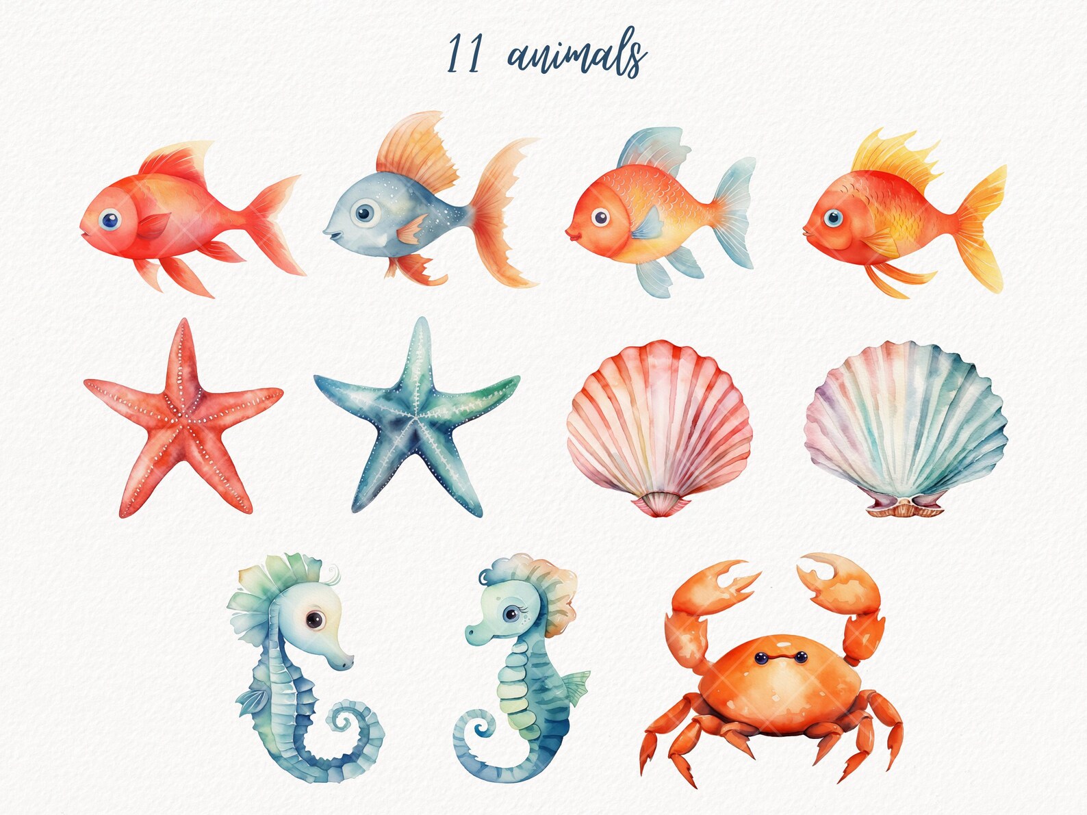Watercolor Mermaids Clipart Set, Cute Sea Animals Images Bundle ...