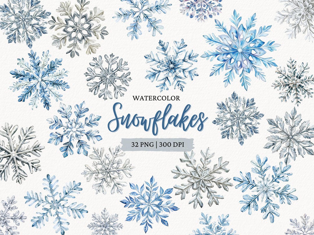 Watercolor Snowflakes Clipart Set, Winter Frost PNG, Digital Blue and ...