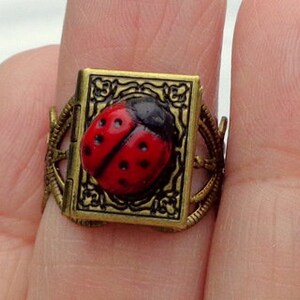 SALE, Ladybug Locket Ring,vintage Red Glass,book Locket,photo Jewelry ...