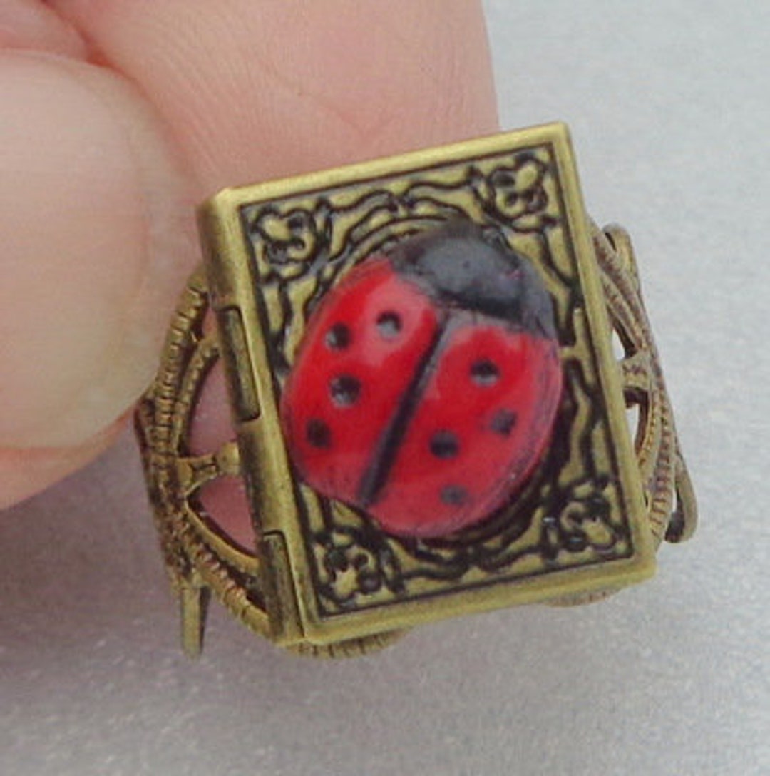 SALE, Ladybug Locket Ring,vintage Red Glass,book Locket,photo Jewelry ...