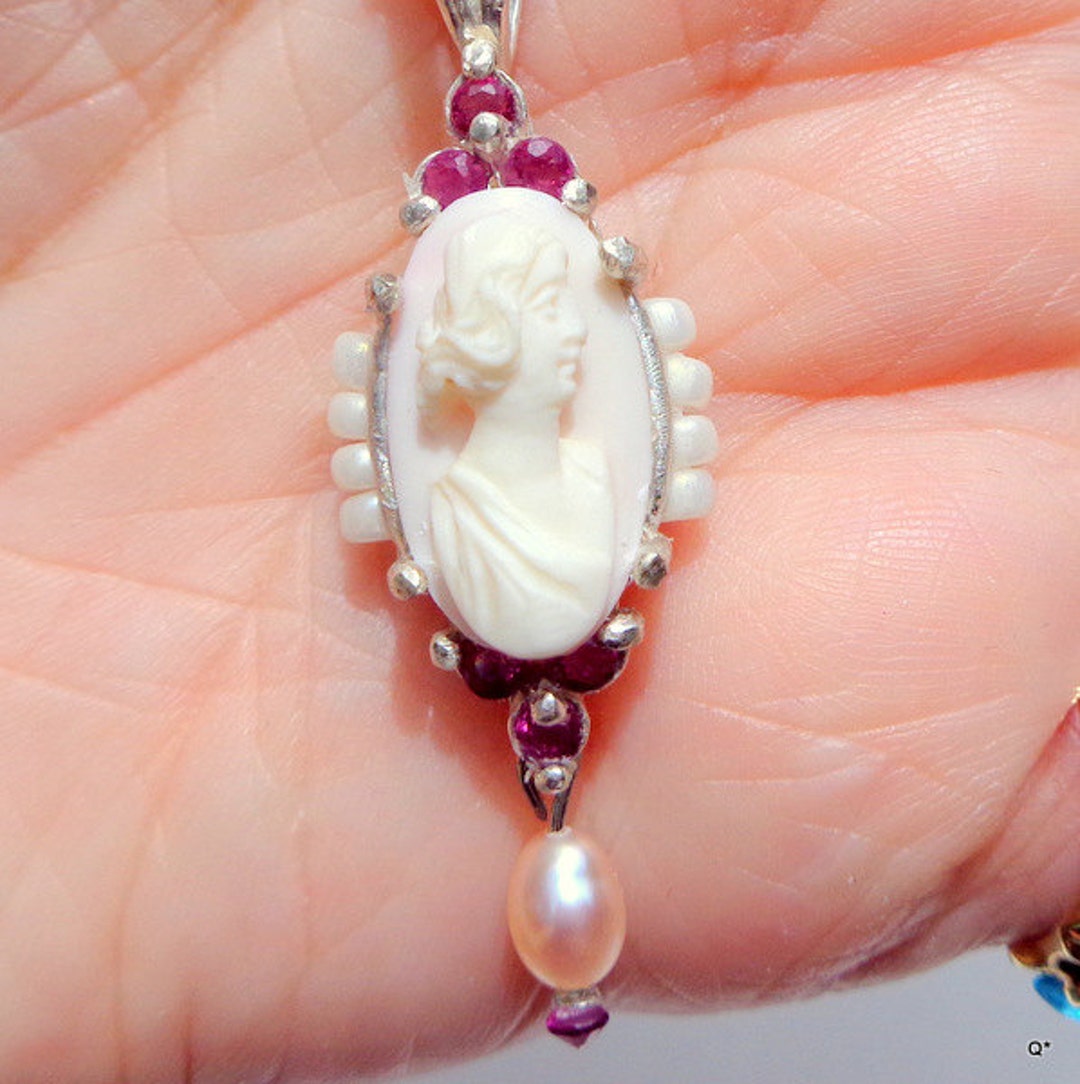 Hand Carved Conch Shell Cameo, Sterling Silver, Genuine Pink Pearl ...