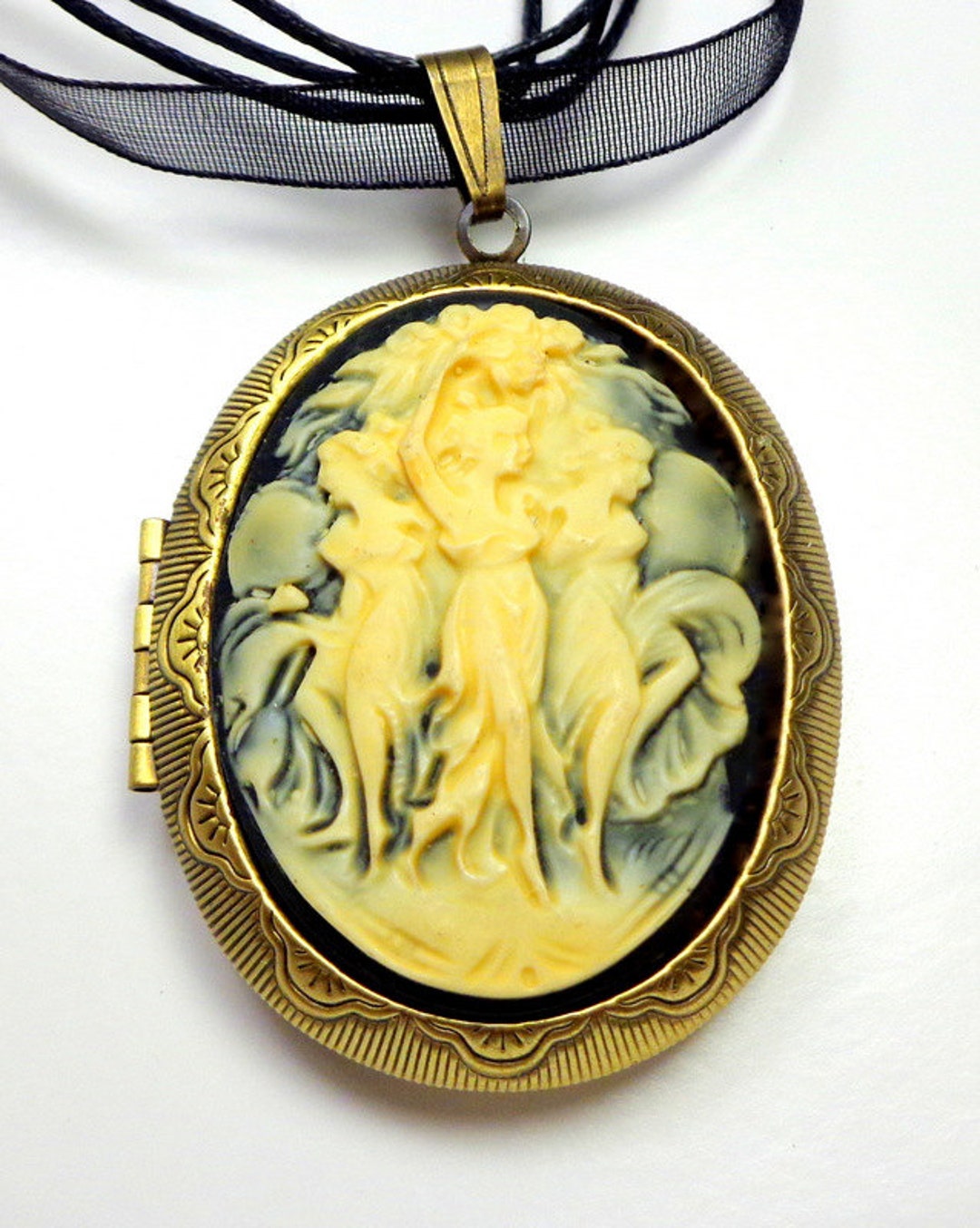 Large, Cameo Locket Necklace, Ivory on Onyx Black Background, Three ...