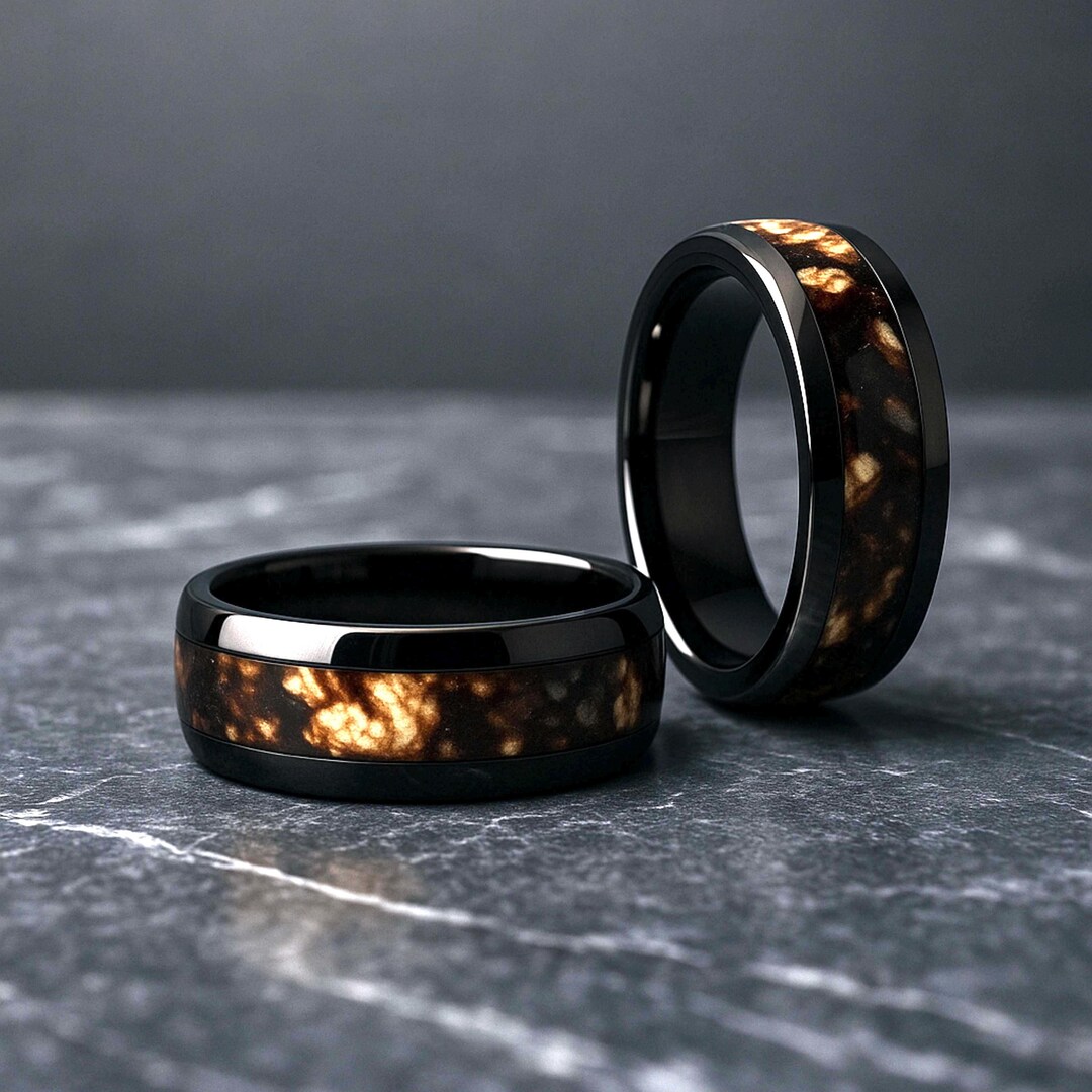Black Tungsten Ring With Gold Leaf Inlay - Comfort Fit Wedding Band - Etsy