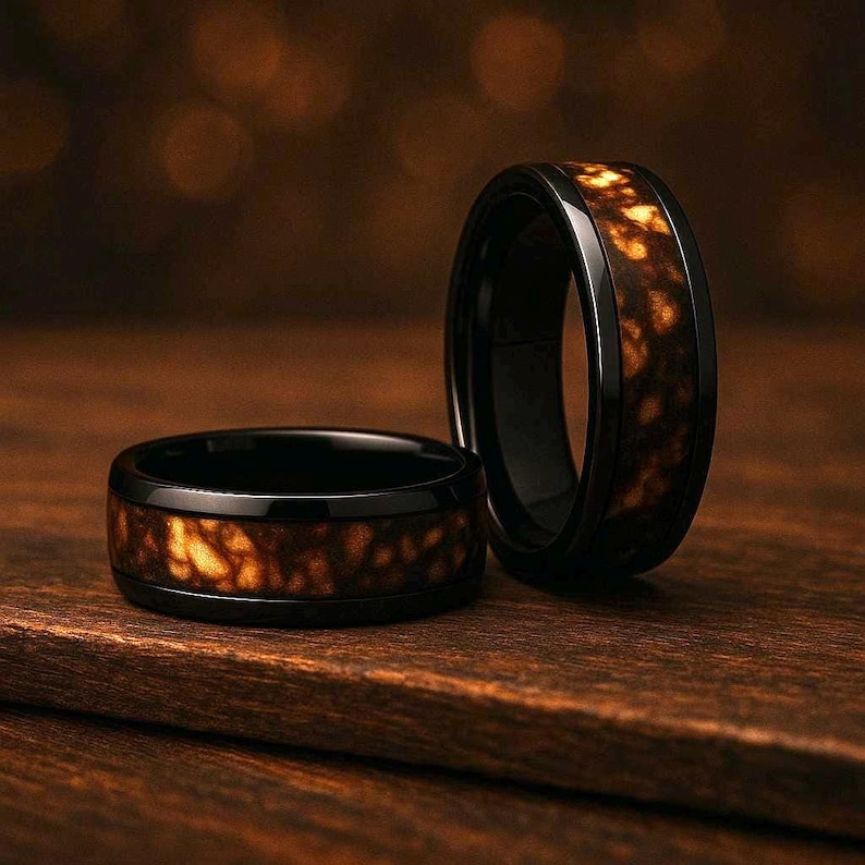 Black Tungsten Ring With Gold Leaf Inlay - Comfort Fit Wedding Band - Etsy