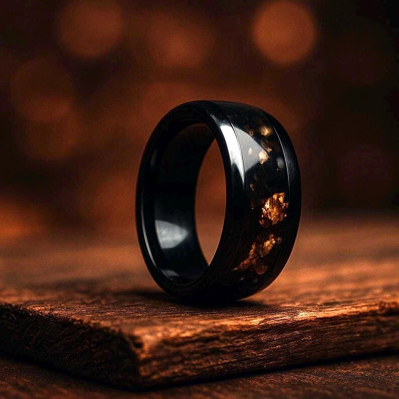 Black Tungsten Ring With Gold Leaf Inlay - Comfort Fit Wedding Band - Etsy