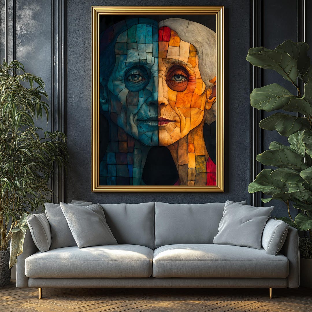 Colorful Abstract Cubist Portrait, Split Face Mosaic Wall Art, Picasso ...