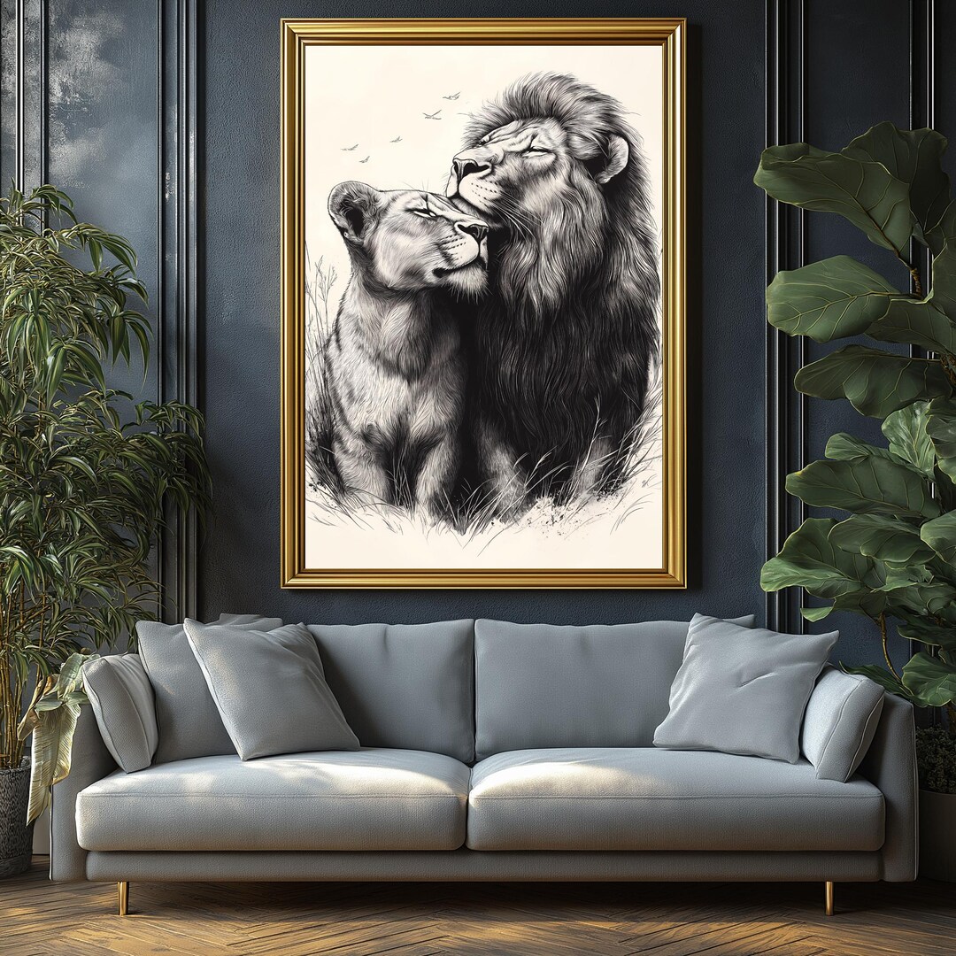 Romantic Lion Couple Wall Art, Black & White Wildlife Print, Safari ...