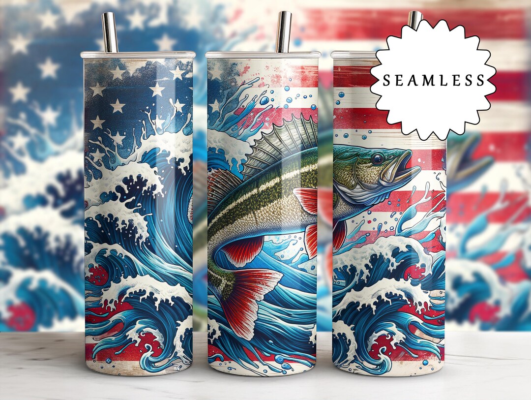 Walleye Fishing Tumbler PNG: American Flag Patriotic Jumping in Waves ...