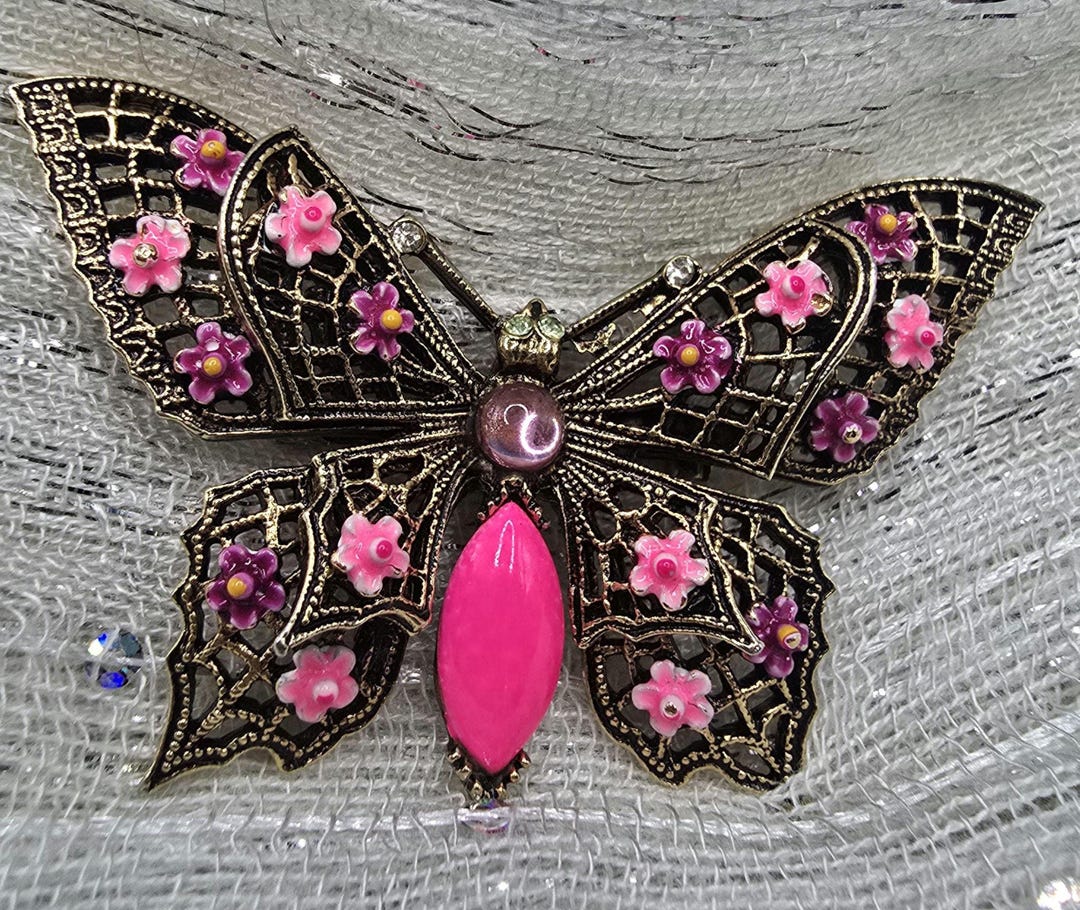 Neon Pink Butterfly Brooch Pin Vintage ART Hot Pink Arthur Pepper Gold ...