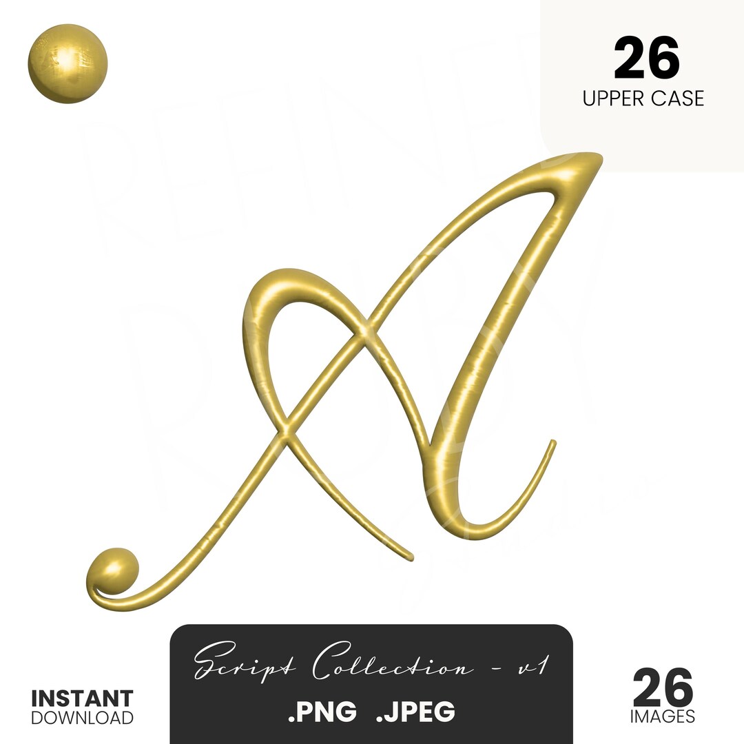 V1 3D Gold Script Alphabet Clipart | Uppercase Letters | 26 PNG JPEG ...