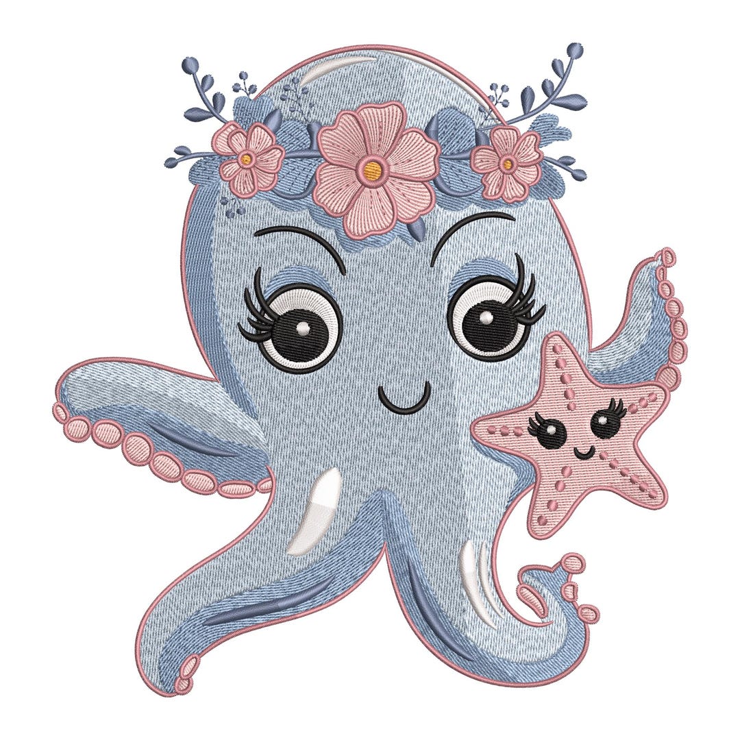 Cute Octopus Embroidery Design, Smiling Sea Animal With Starfish ...