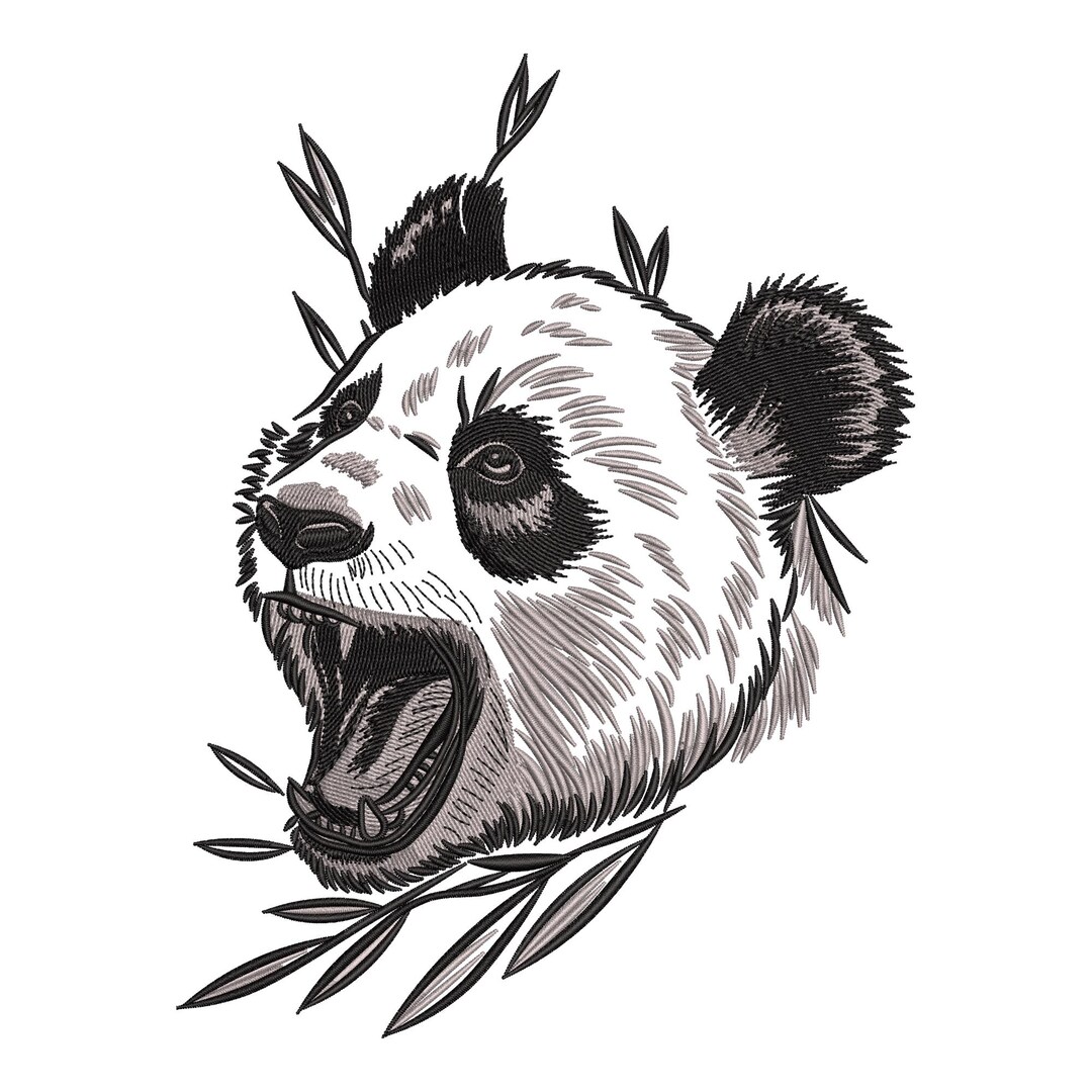 Roaring Panda Embroidery Design, Wild Animal Head With Bamboo Machine ...