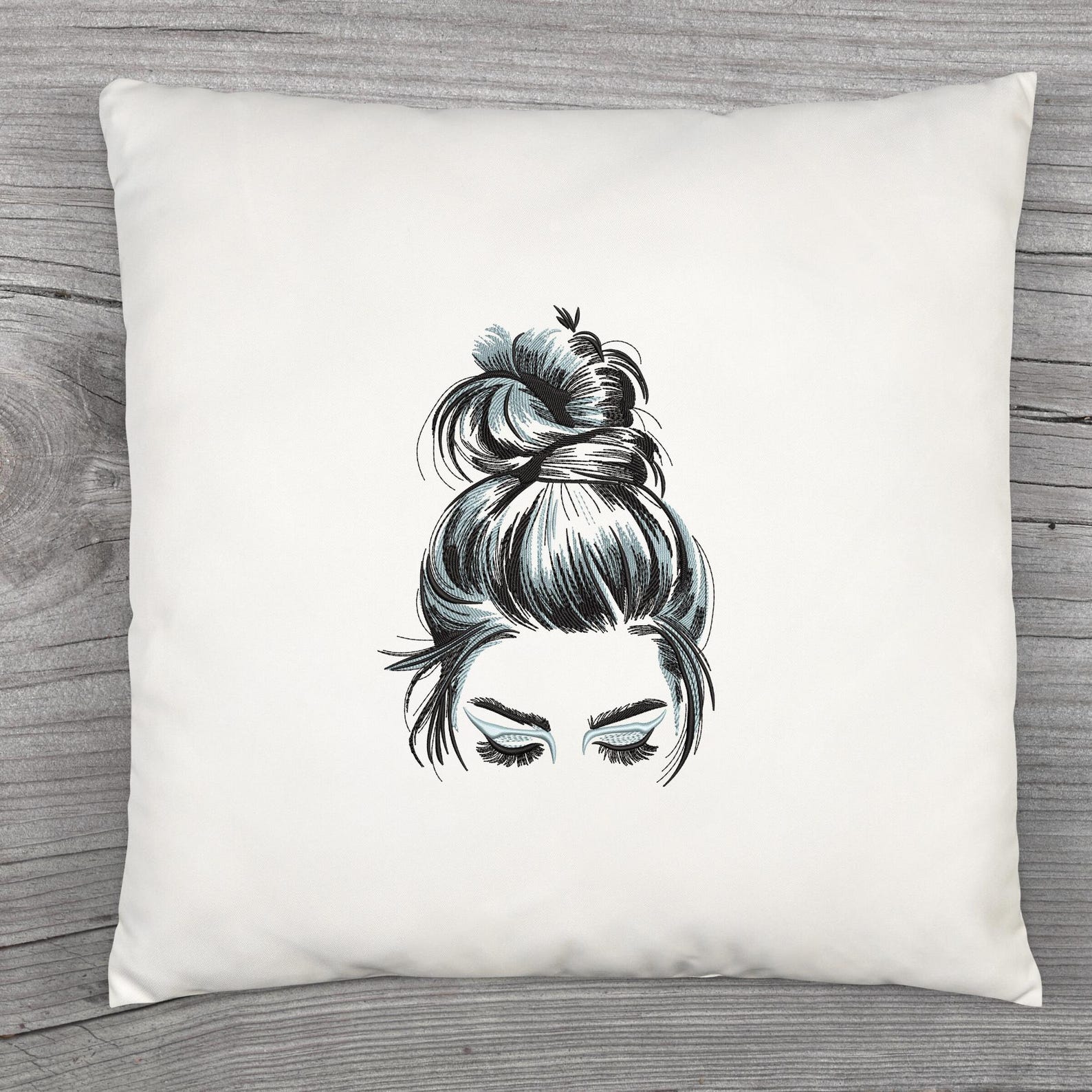 Messy Bun Girl Embroidery Design – Fashionable Woman Face With Lashes ...