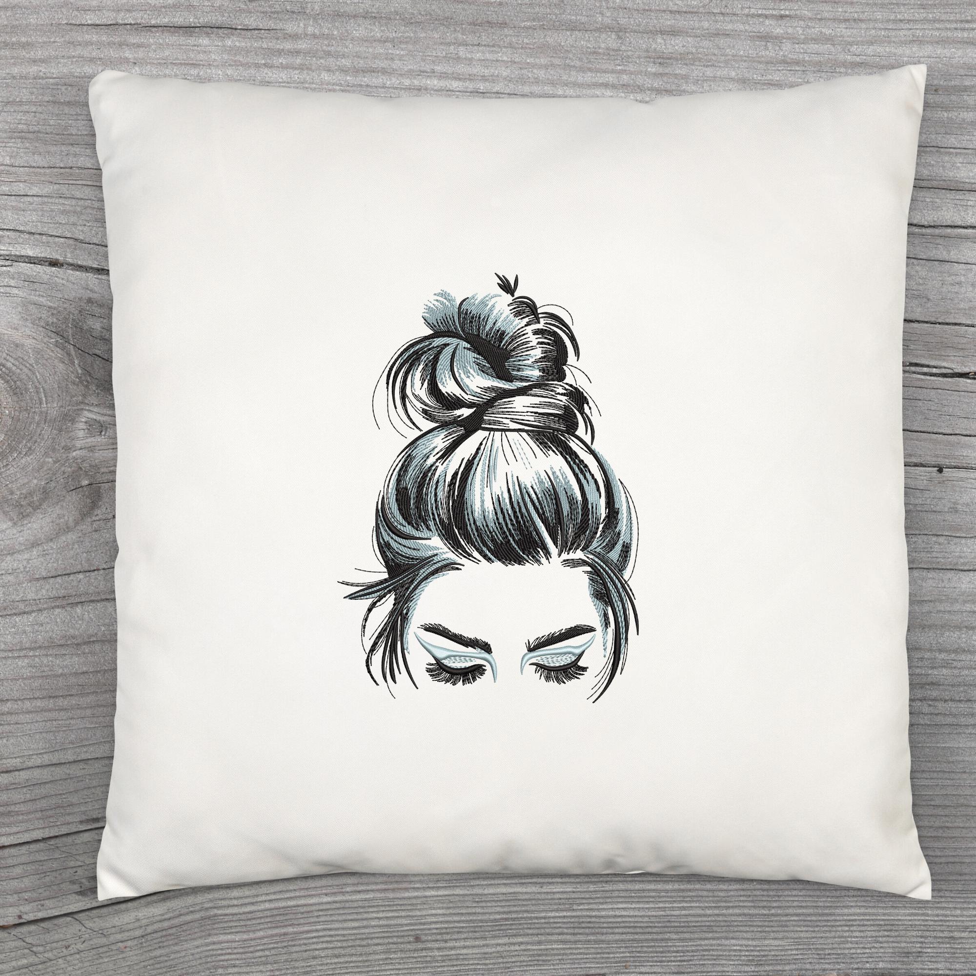 Messy Bun Girl Embroidery Design – Fashionable Woman Face With Lashes ...