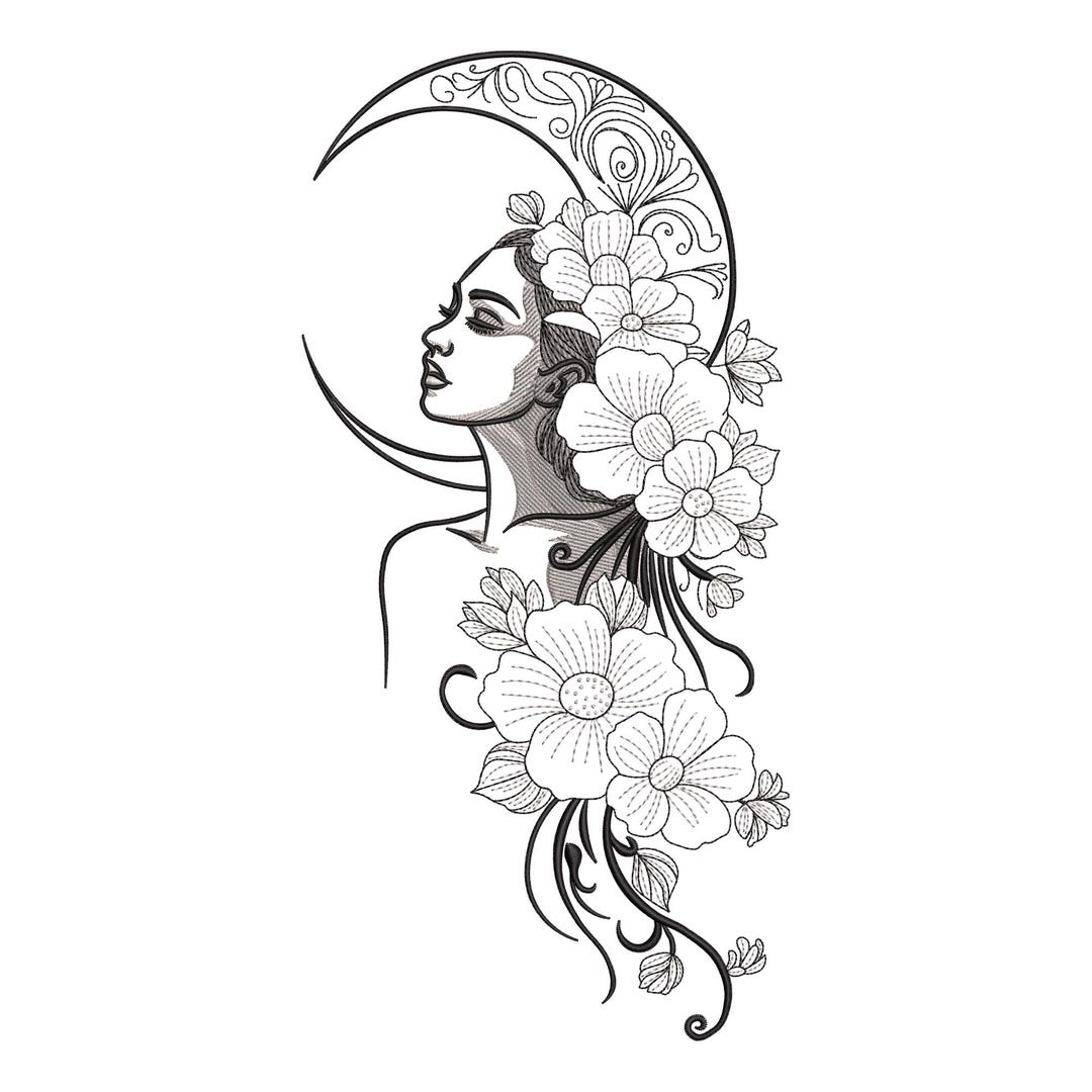 Moon Goddess Embroidery Design: Floral Woman Profile, Boho Embroidery ...