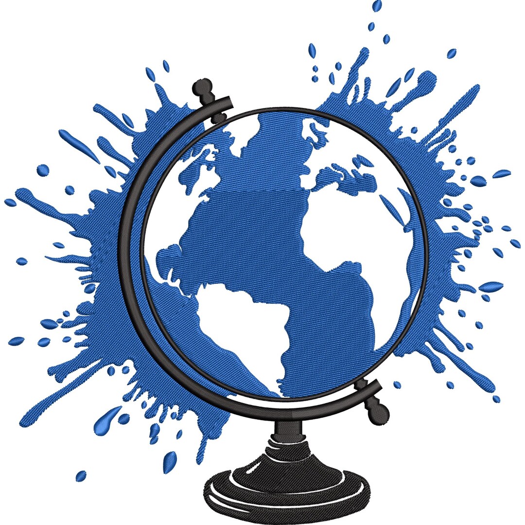 Globe Embroidery Design, World Map With Paint Splash Machine Embroidery ...
