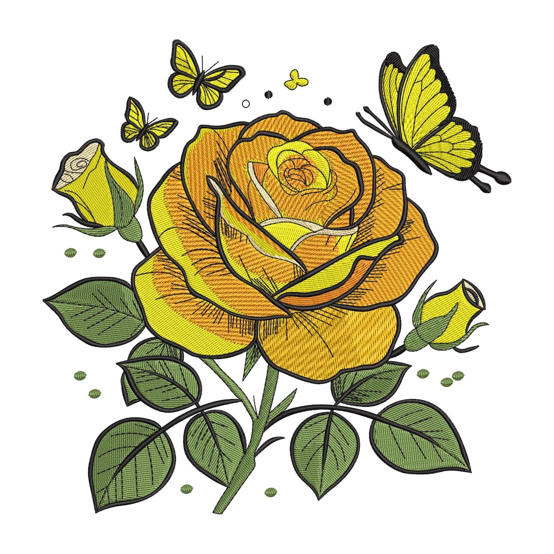Yellow Rose Embroidery Design, Floral Butterfly Machine Embroidery File ...