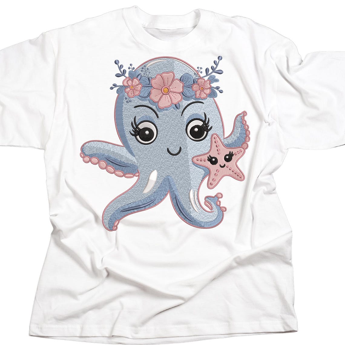 Cute Octopus Embroidery Design, Smiling Sea Animal With Starfish ...