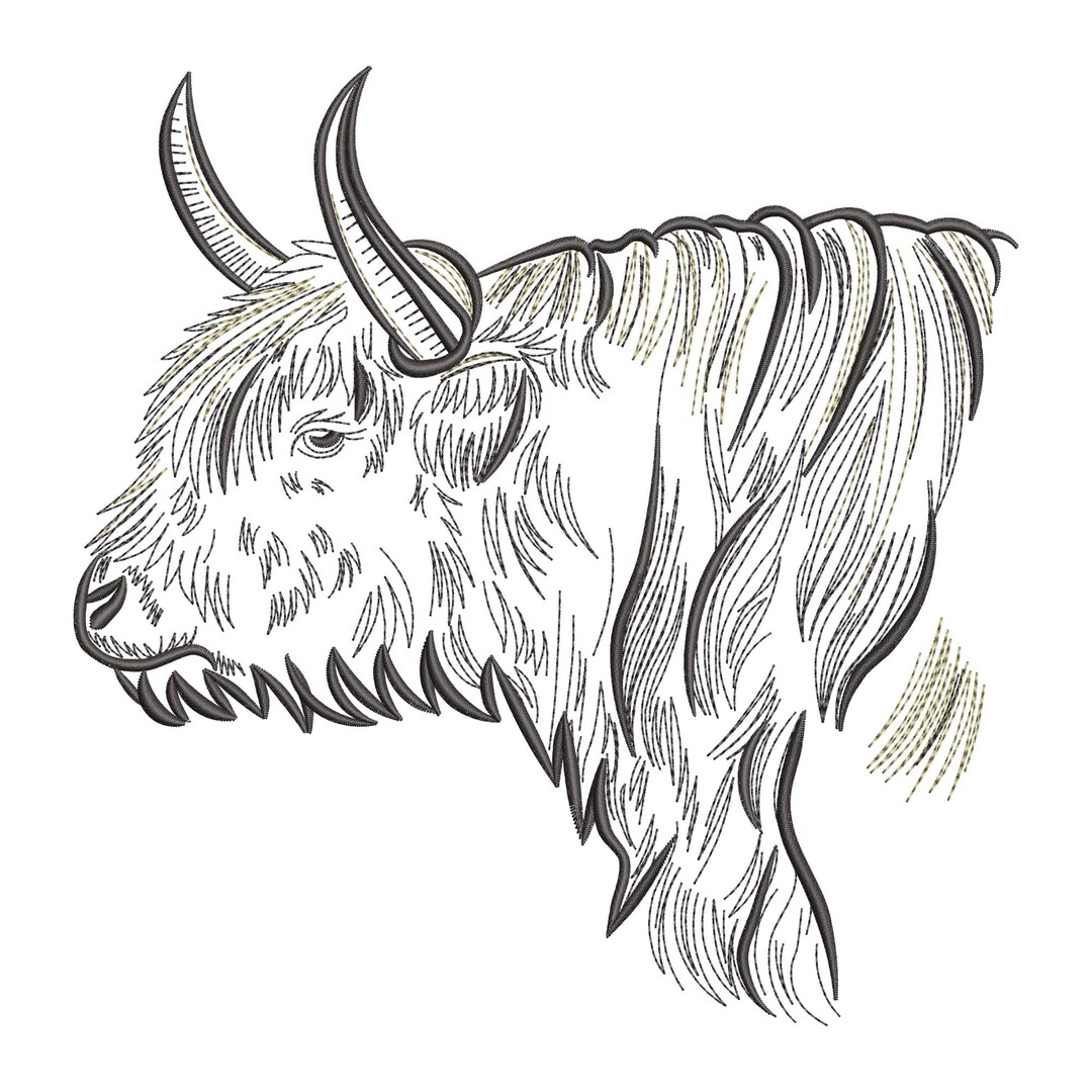 Highland Cow Embroidery Design, Rustic Yak Line Art Machine Embroidery ...