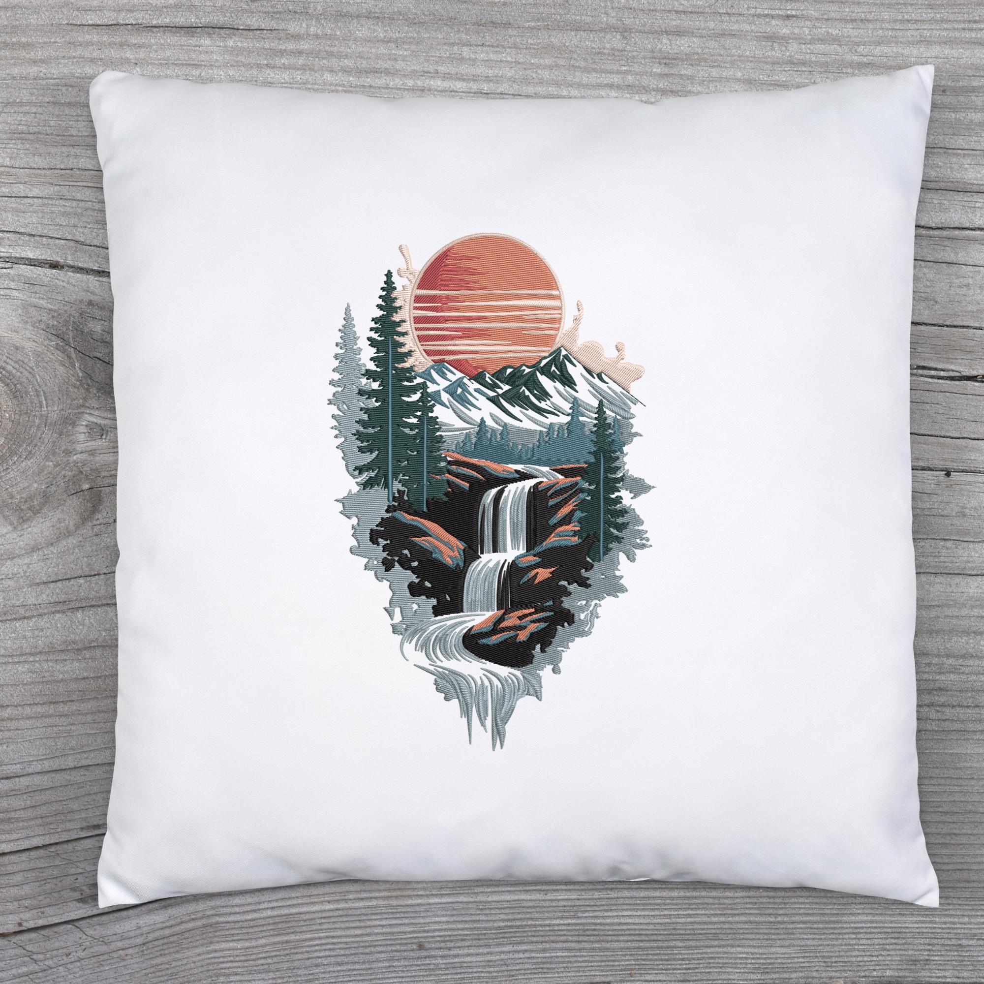 Mountain Waterfall Embroidery Design, Scenic Nature Sunset Machine ...