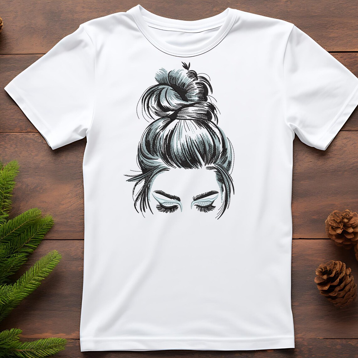 Messy Bun Girl Embroidery Design – Fashionable Woman Face With Lashes ...