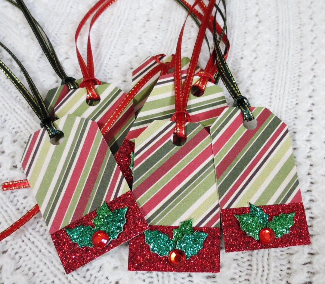 Red and Green Stripes Christmas Gift Tags With Holly, Handmade Set of ...