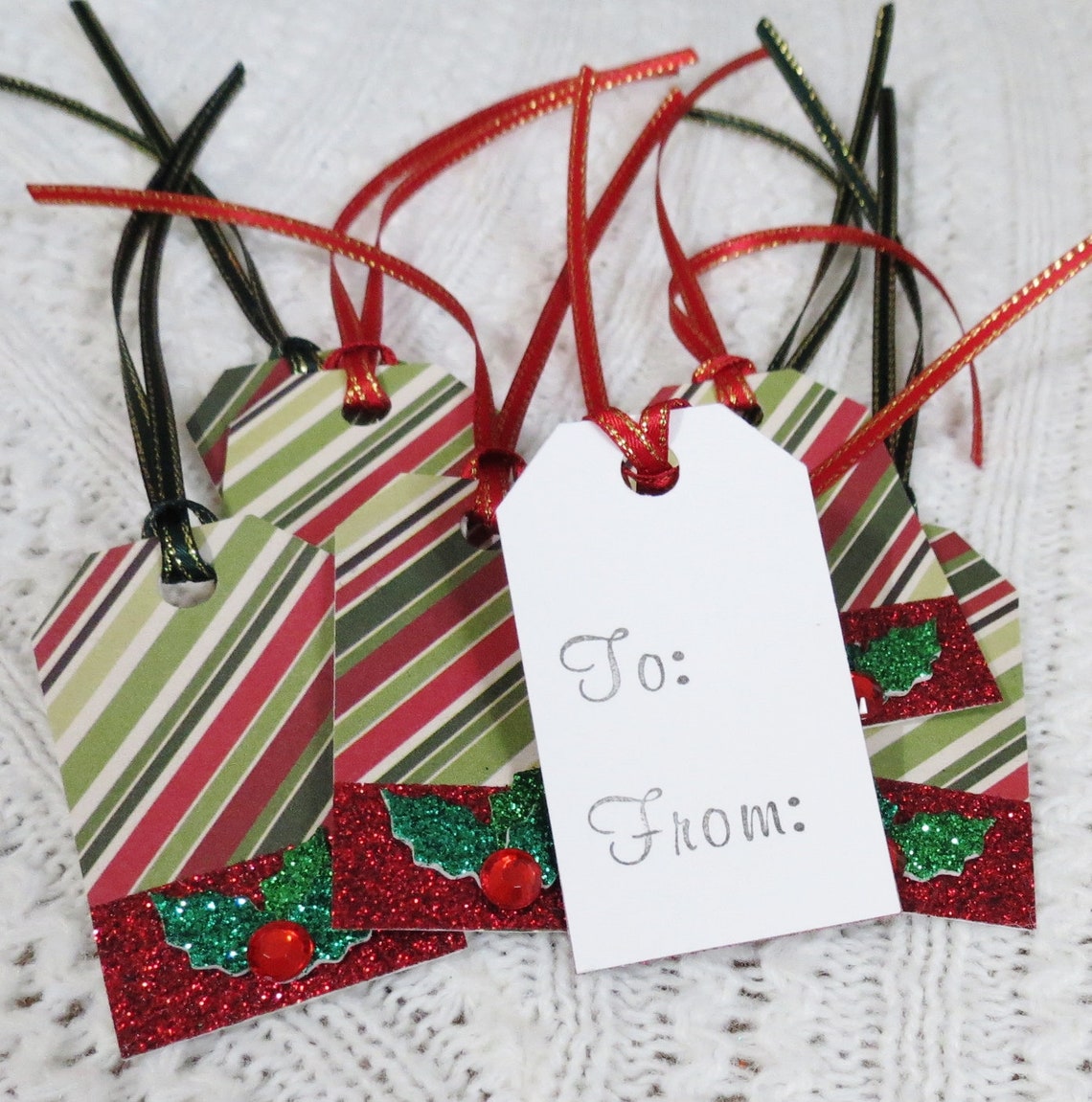 Red and Green Stripes Christmas Gift Tags With Holly Handmade - Etsy