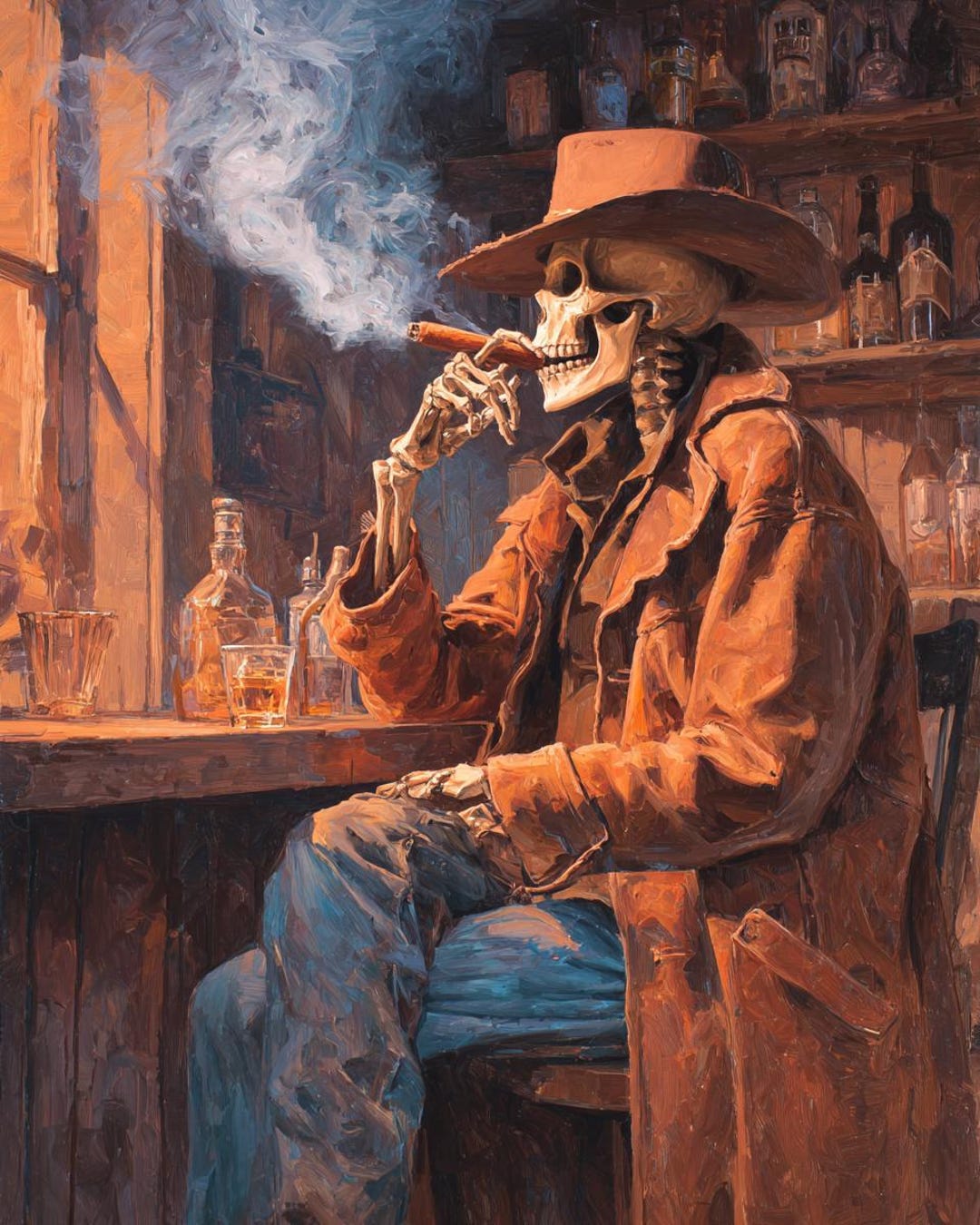 Cowboy Skeleton Oil Painting | Western Bar Scene With Cigar & Whiskey ...
