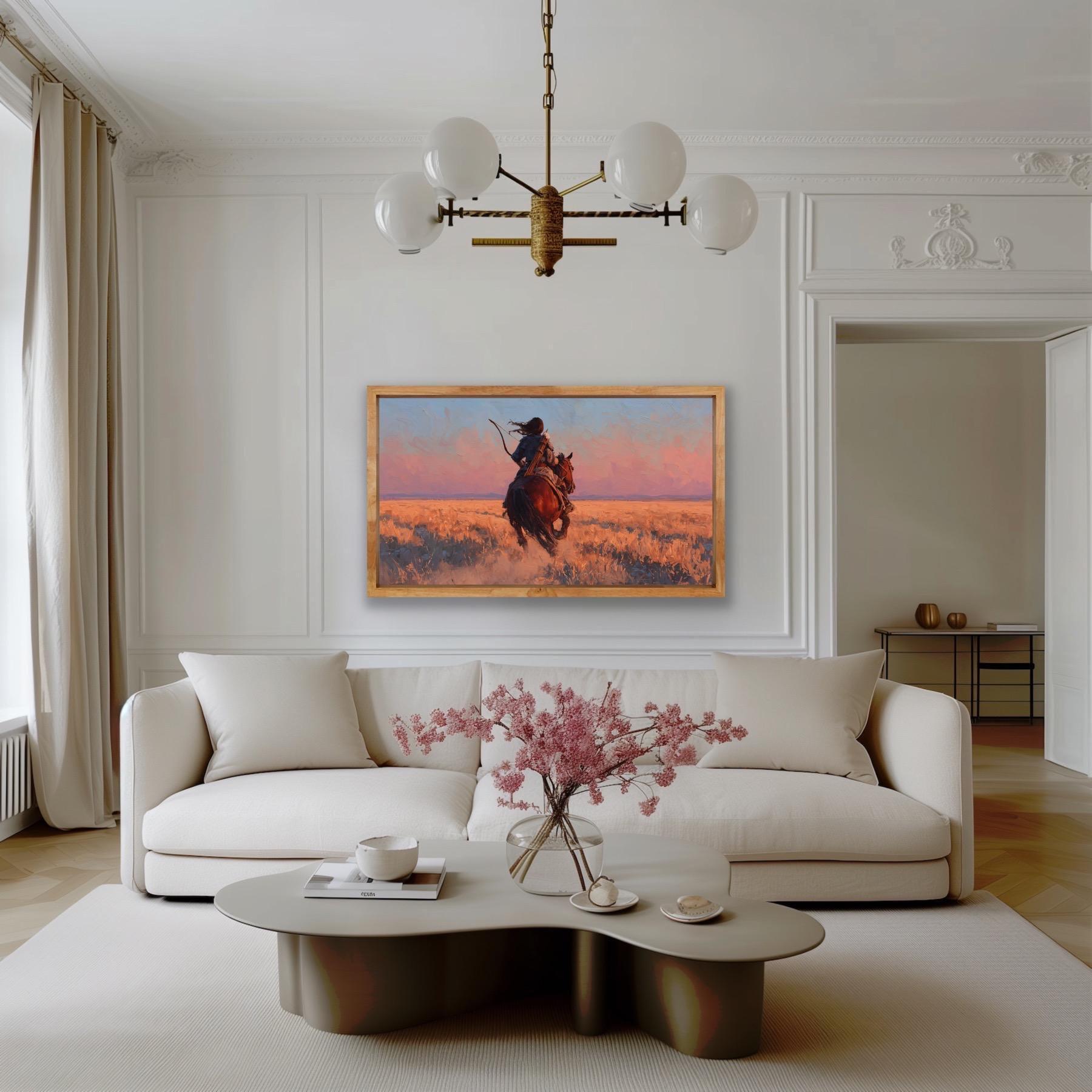 Native American on Horseback Oil Painting | Western Sunset Art- 48x24 ...