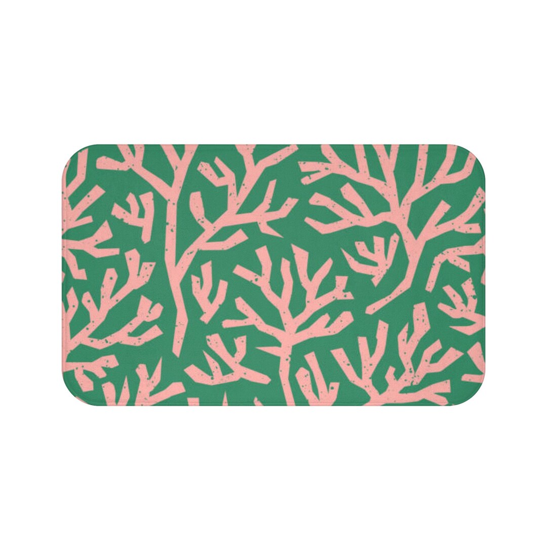 Pink Green Coral Reef Bath Mat - Coastal Bathroom Decor, Beach House ...