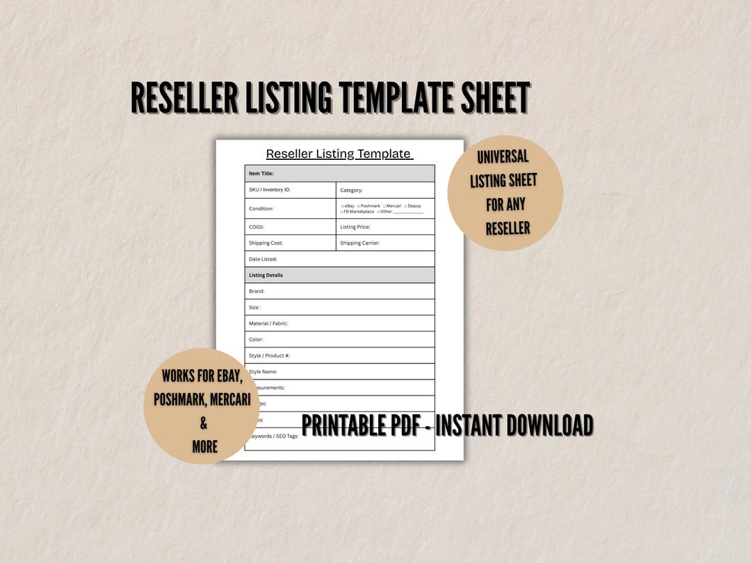 Reseller Listing Template Ebay Poshmark Mercari Printable Listing Form ...