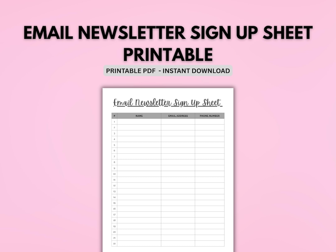 Email Newsletter Sign up Sheet Printable Customer Contact List Email ...