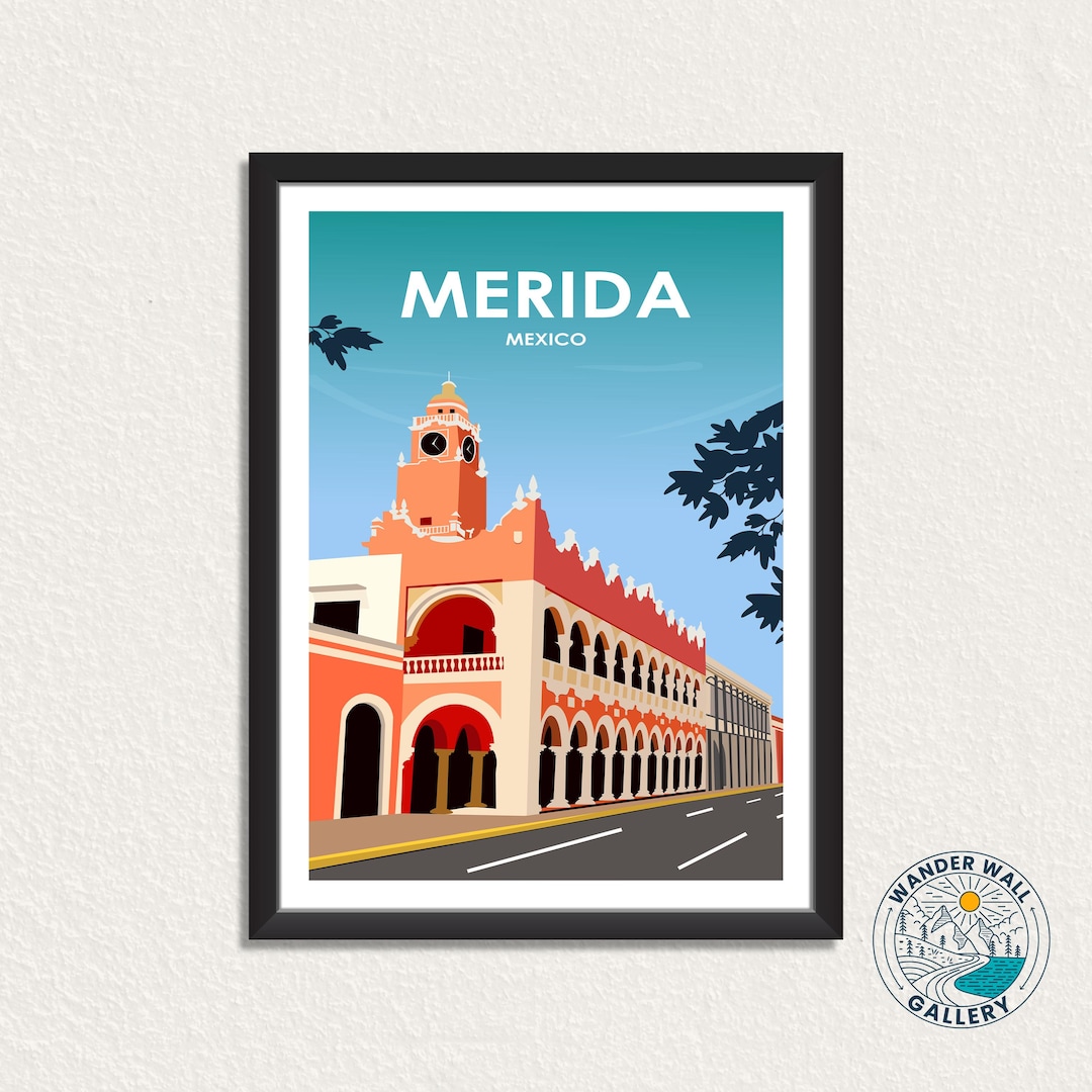 Merida Mexico Travel Poster, Mexico Retro Art Cityscape Wall Decor ...