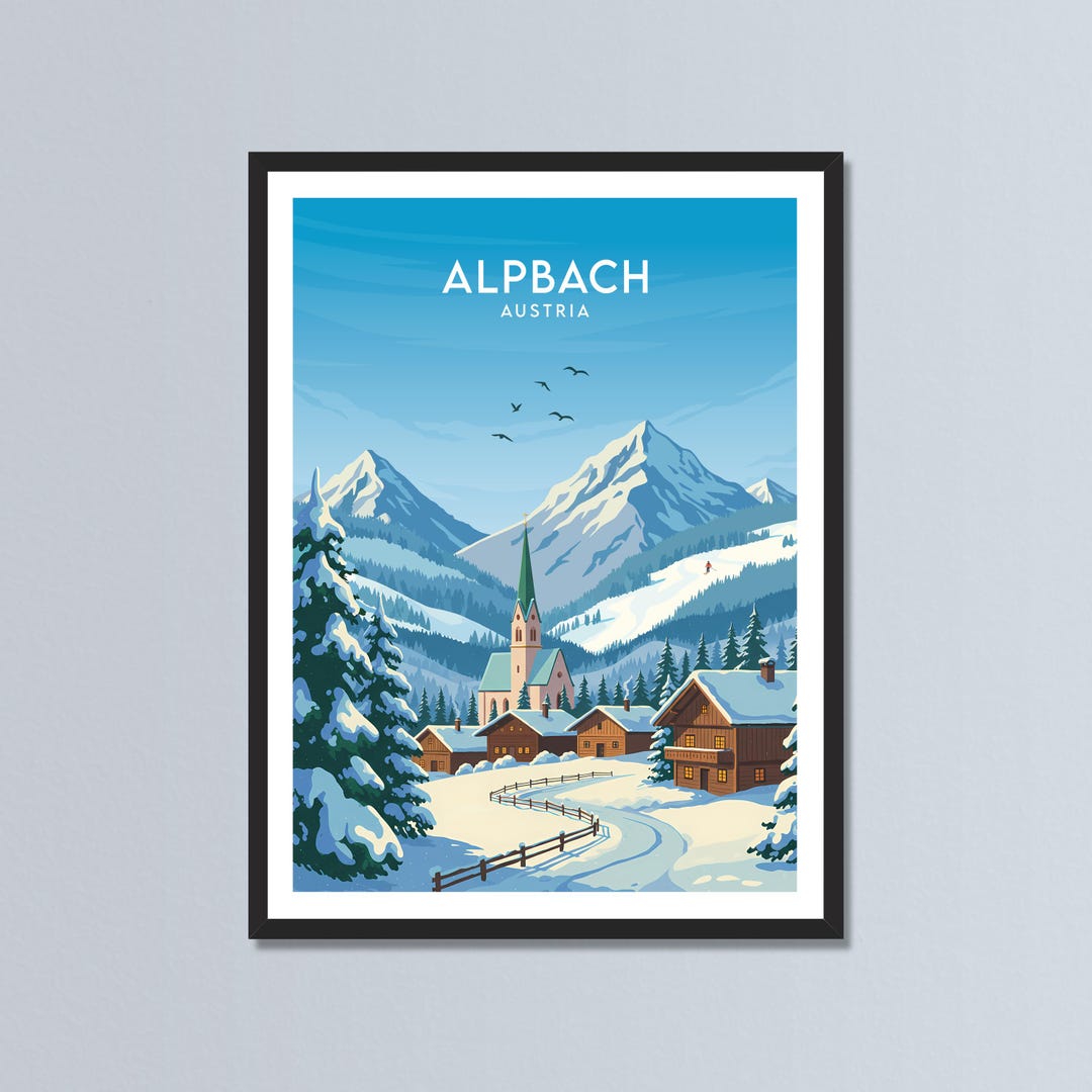 Alpbach Austria Travel Poster, Alpine Mountain Art, snowy village ...