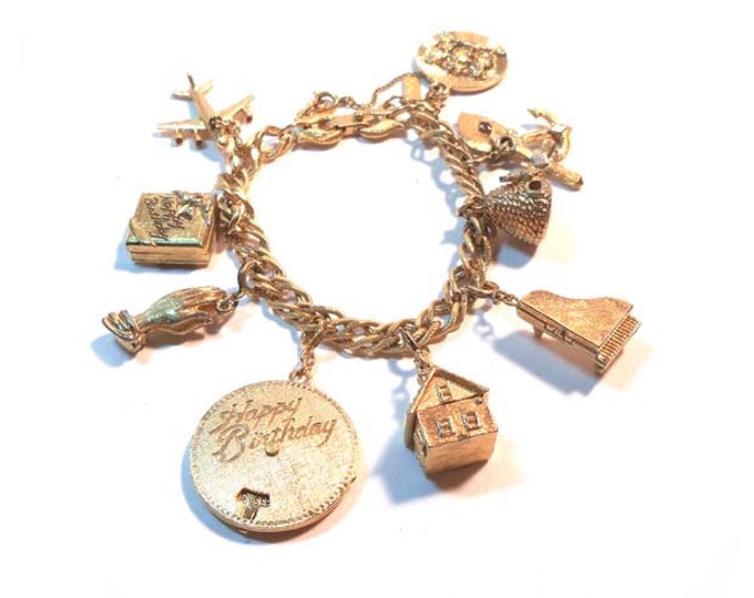 Vintage Gold Tone MONET Charm Bracelet 9 Charms Many Moveable Piano ...