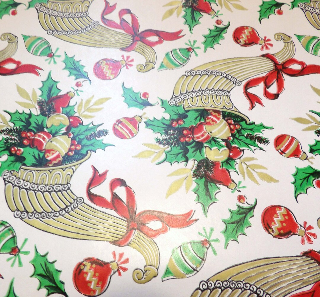 Vintage 1950s Christmas Wrapping Paper Sheets, Cornucopia Ornaments - Etsy