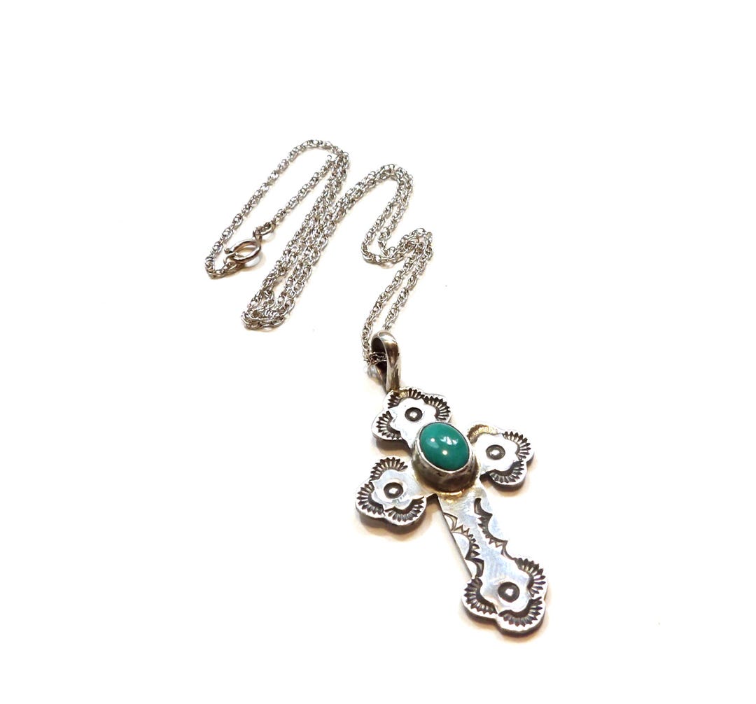Vintage Navajo Sterling Silver Cross Pendant With Turquoise by Randall ...