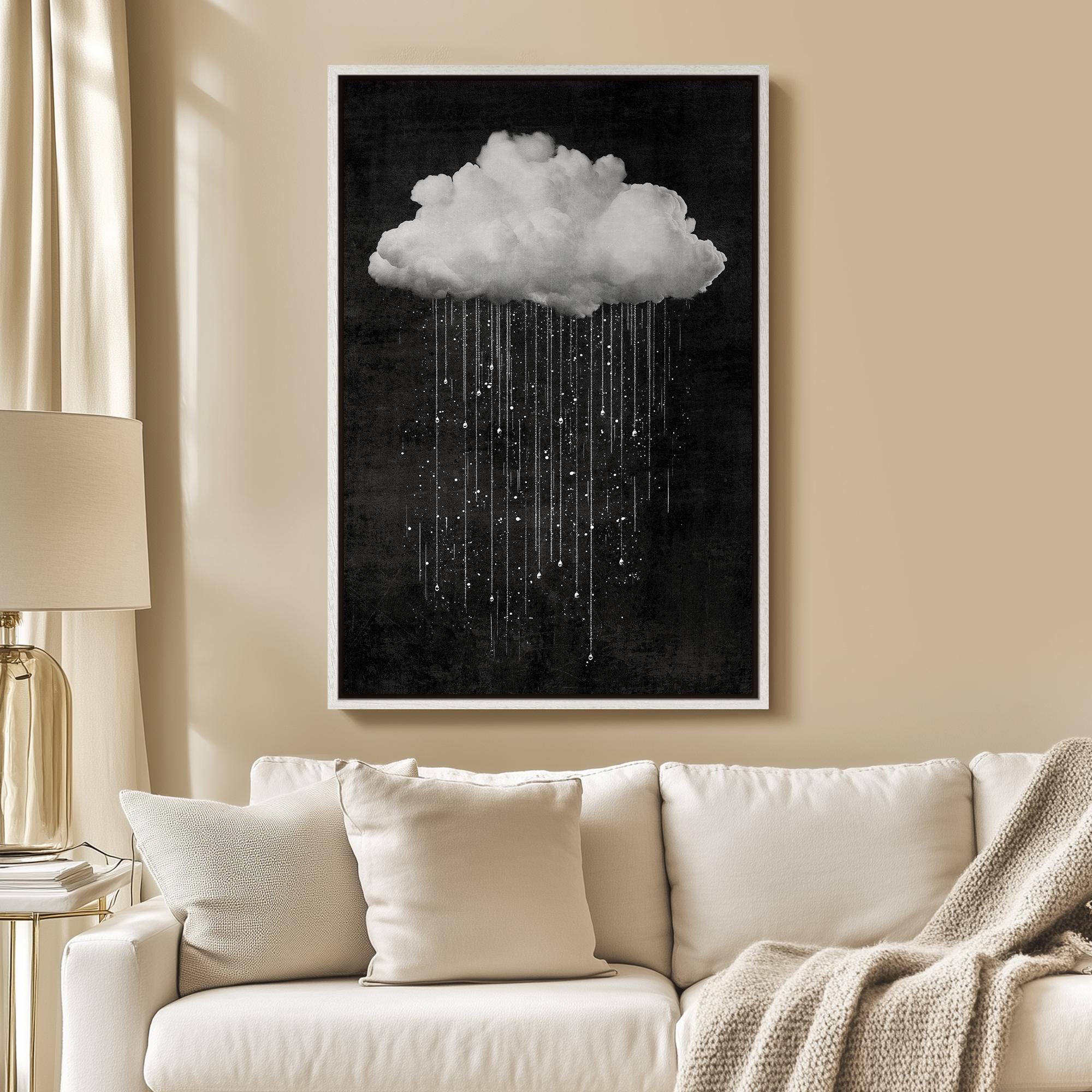 Black & White Cloud Rain Wall Art, Framed Minimalist Cloud Canvas Print ...