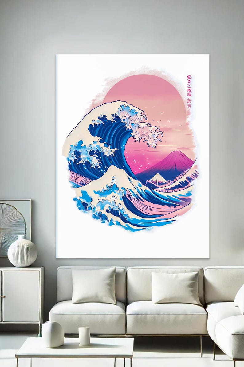 Great Wave Japanese Poster - Neon Hokusai Wall Art, Aesthetic Japan ...