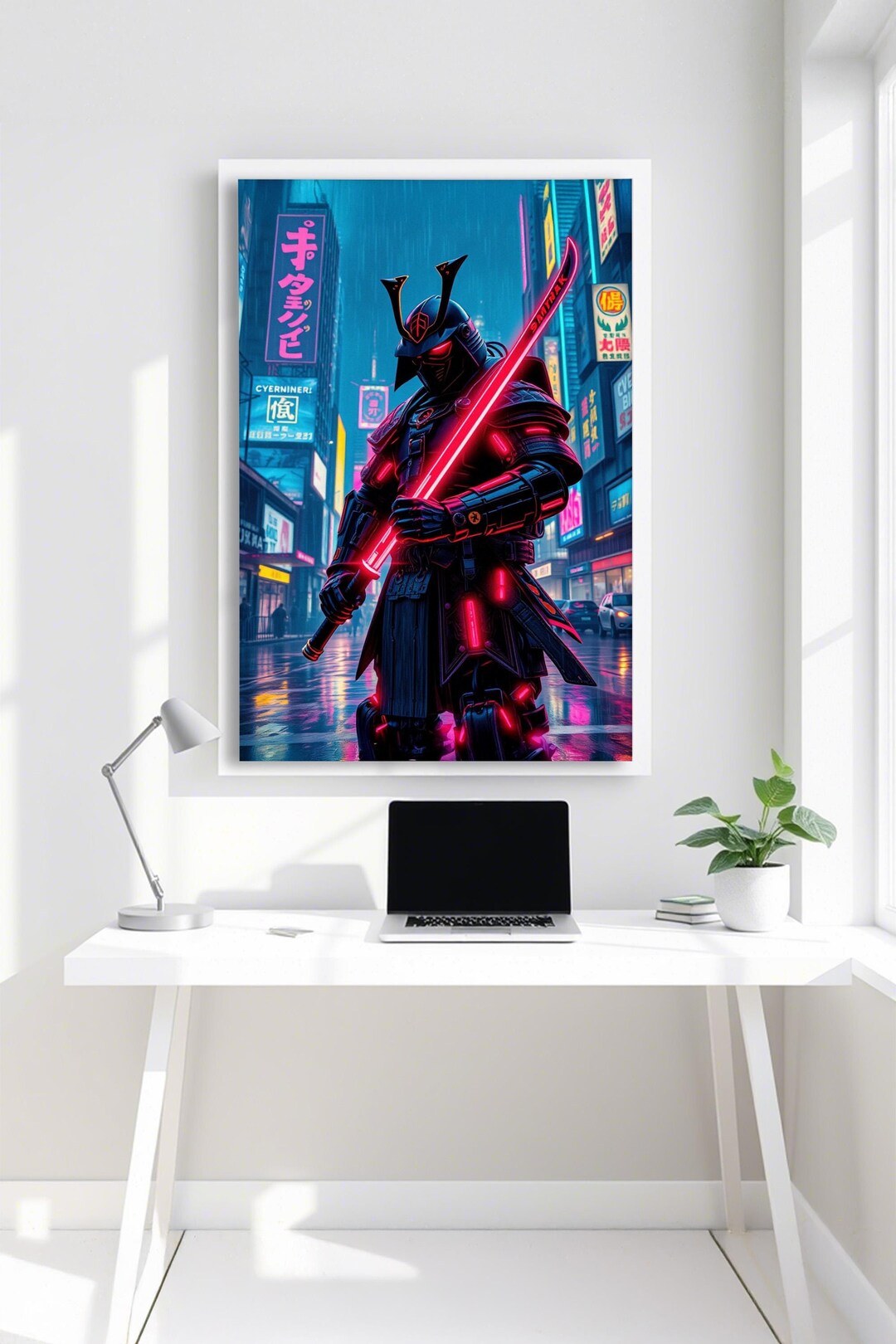 Neon Cyberpunk Samurai Poster (8 Sizes) - Futuristic Japanese Warrior Wall Art - Sci-fi Digital ...