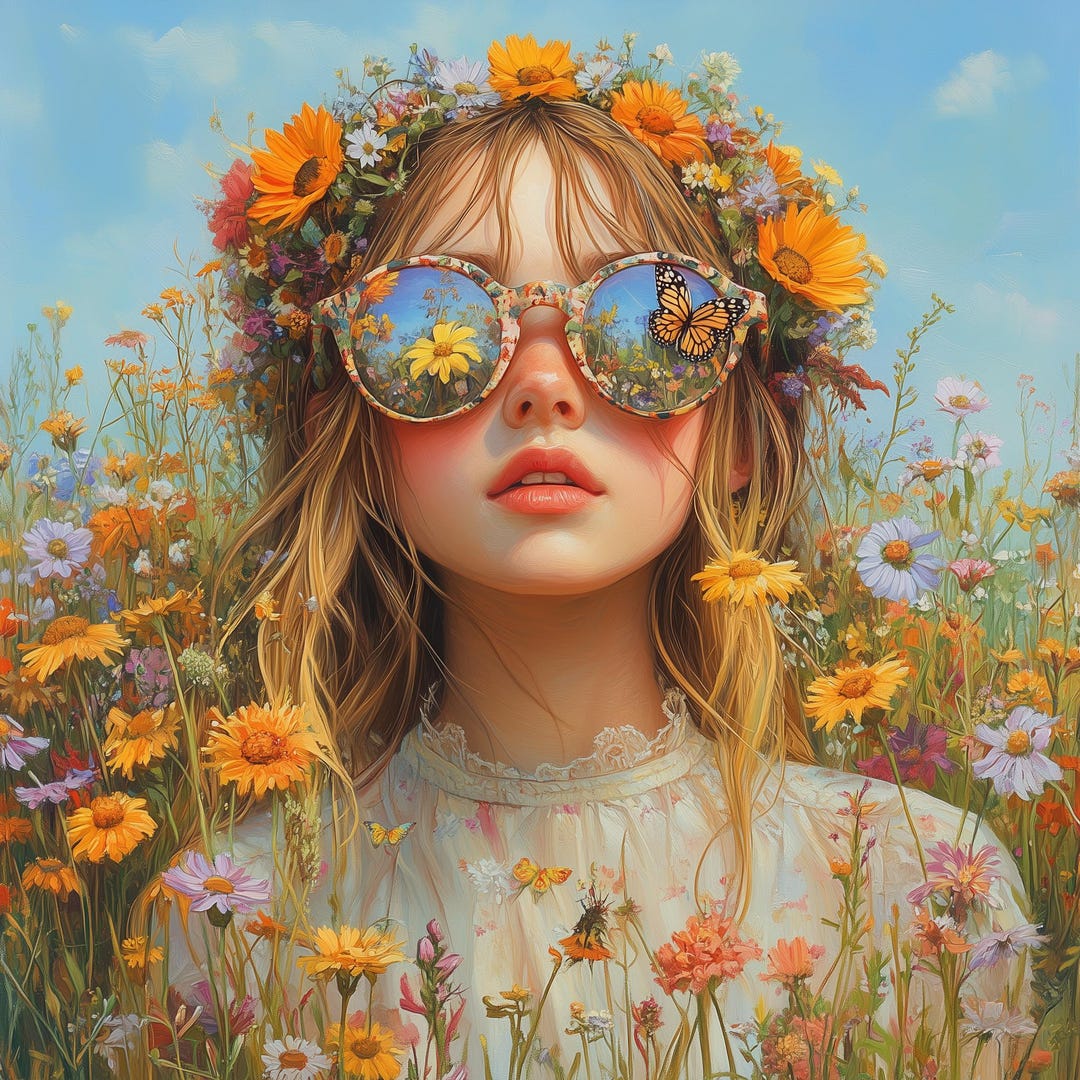 Sunlit Reverie – Floral Girl With Sunglasses Dream Art Print (digital ...