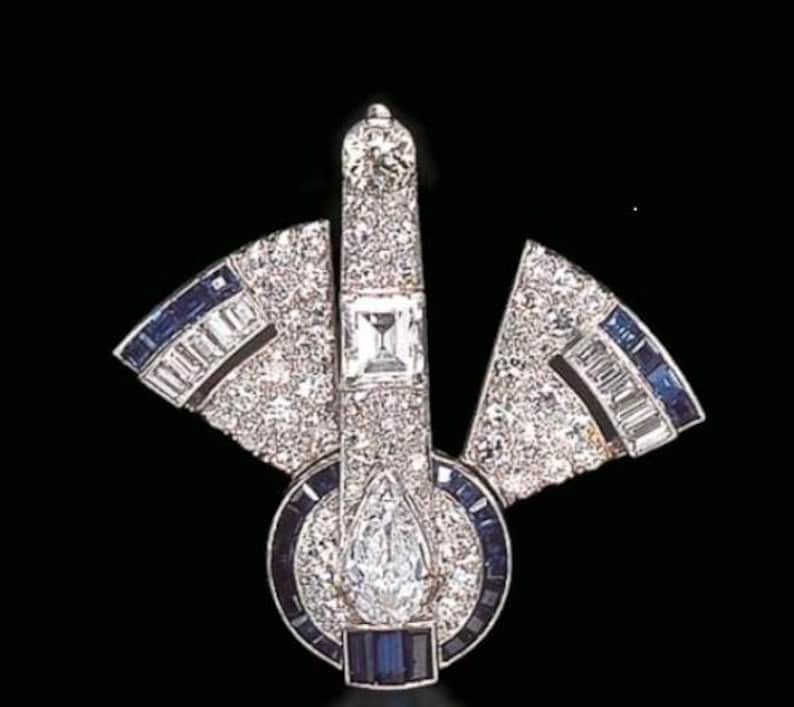 Art Deco Sapphire MECHANICAL Brooch, Multi Shape CZ Stone Edwardian ...