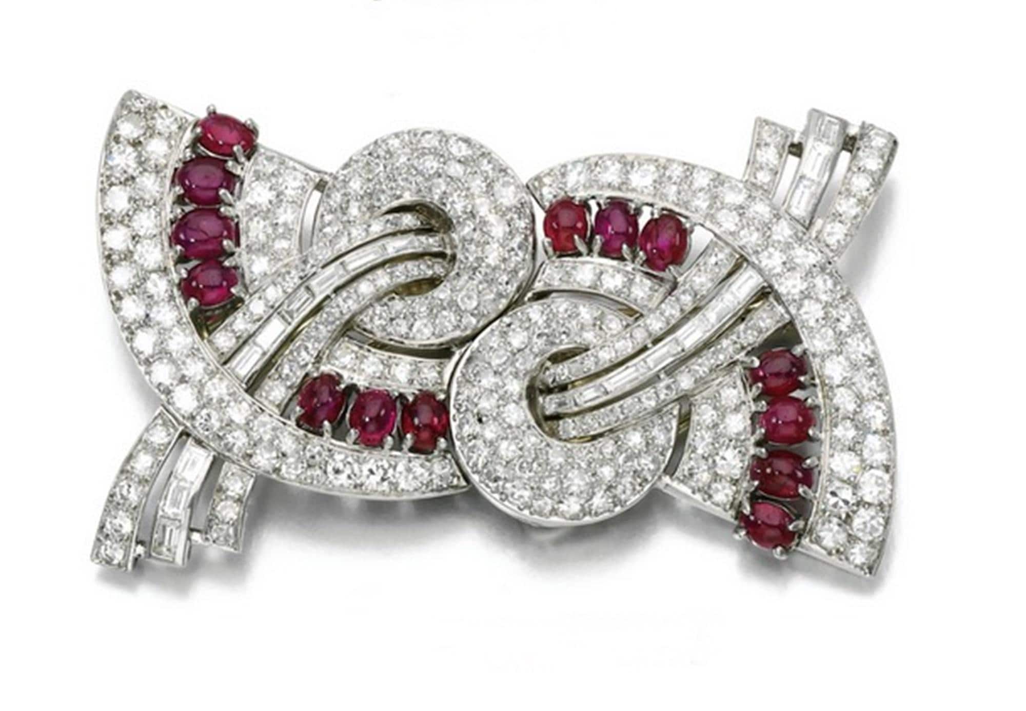 1930's Geometric Design Cabochon Ruby Brooch, Multi Shape CZ Stone Art ...