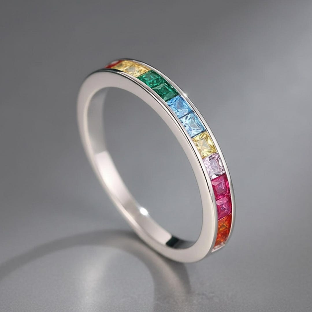 Rainbow Eternity Band Ring, Multi Color Princess Cut CZ Stone ...