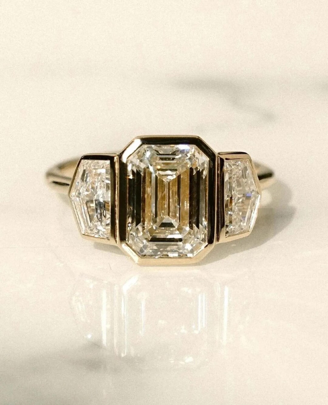 Bezel Set Emerald & Fancy CZ Stone Wedding Ring for Bride, Three Stone ...