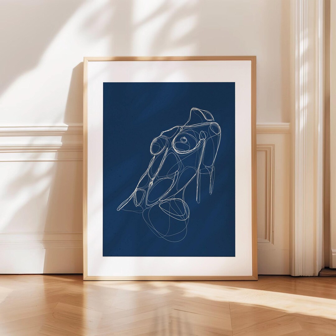 Modern Indigo Nude One Line Drawing, Romantic Sensual Boudoir ...