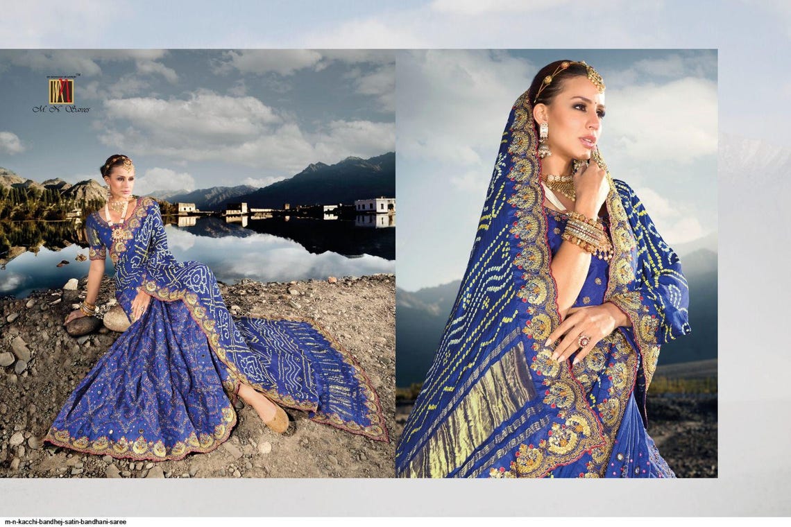 Pure Kachhi Bandhej Satin Saree in Blue | Traditional Wear| Original ...